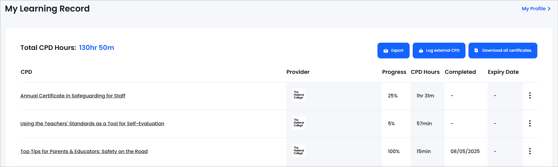 How do I access my Learning Record?